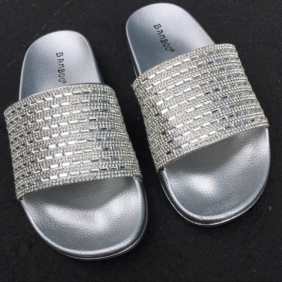 Shoes | Silver Rhinestone Crystal Slides Sandals | Poshmark